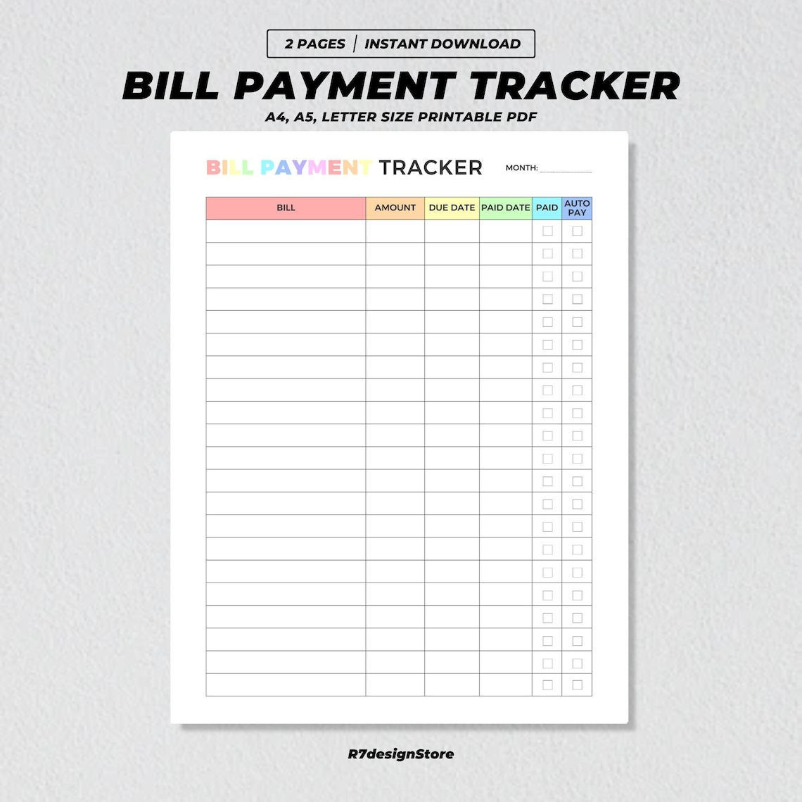 Bill Payment Tracker Printable, Monthly Bill Payment Checklist, Expense ...