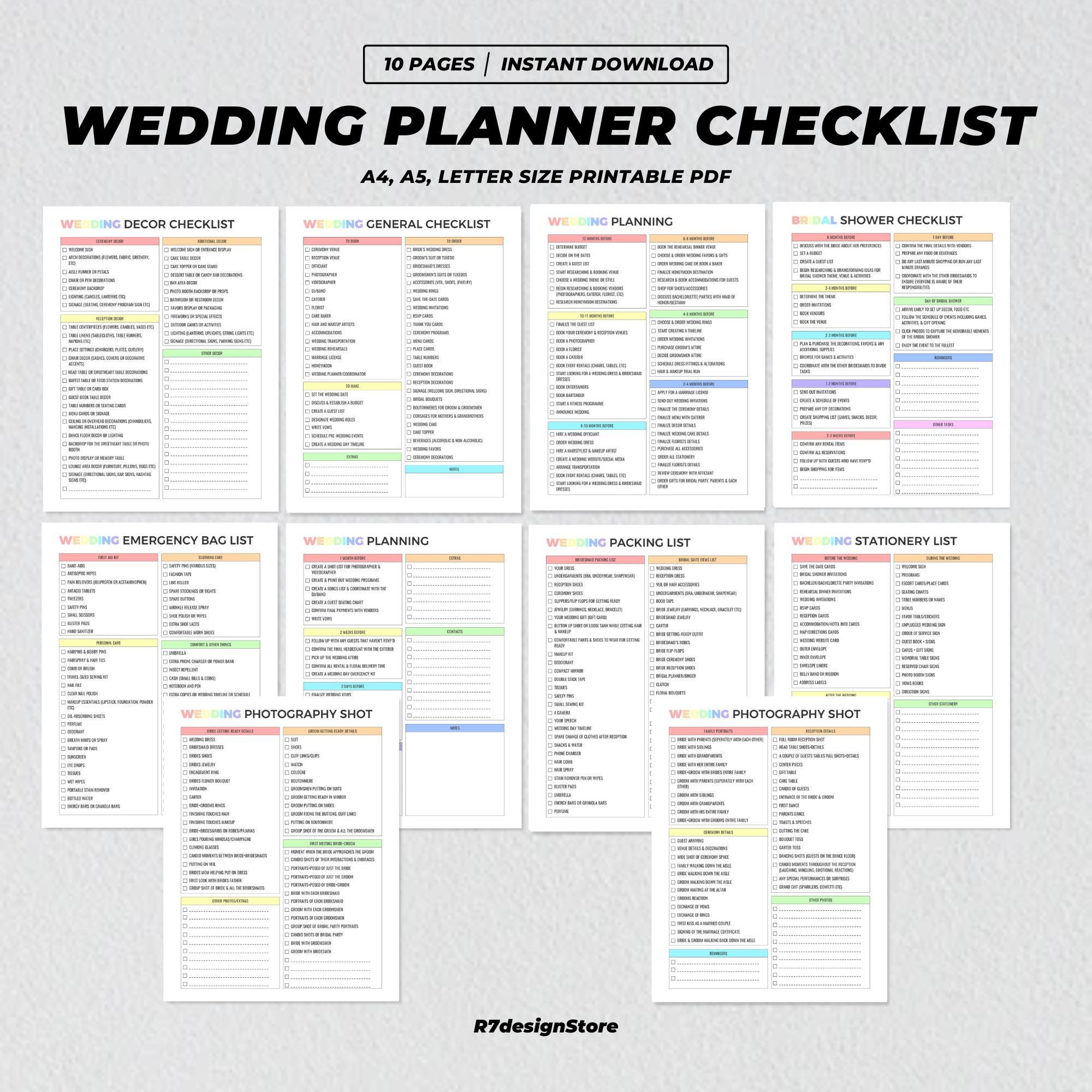 Wedding Checklists Printable, 12 Month Planner, Bride Groom to Do List ...