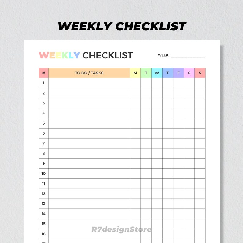 Buy Weekly Checklist Printable, Kawaii Colorful to Do List Template ...