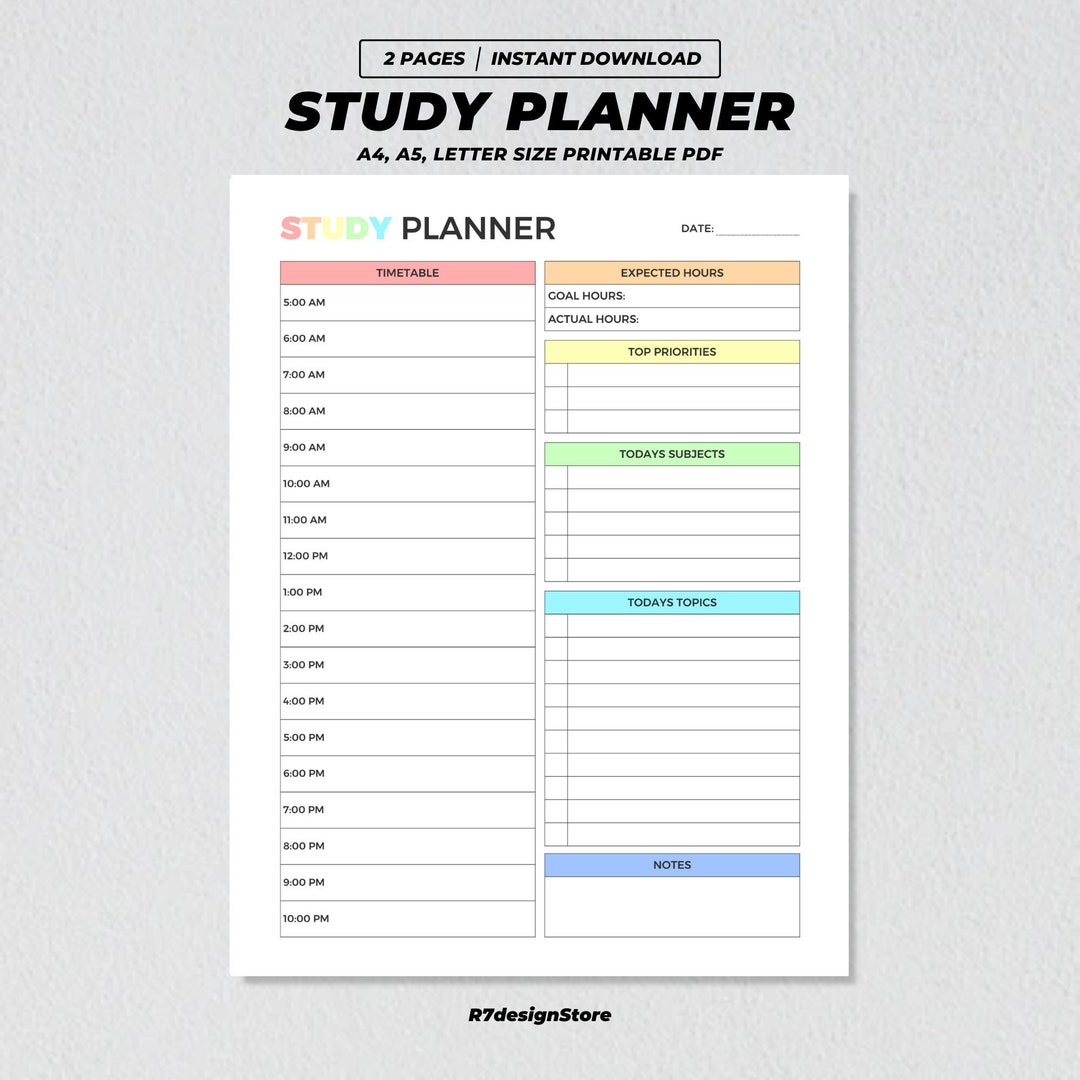 Buy Study Planner Printable, Student Timetable Schedule, Hourly Study Tracker, College Academic ...