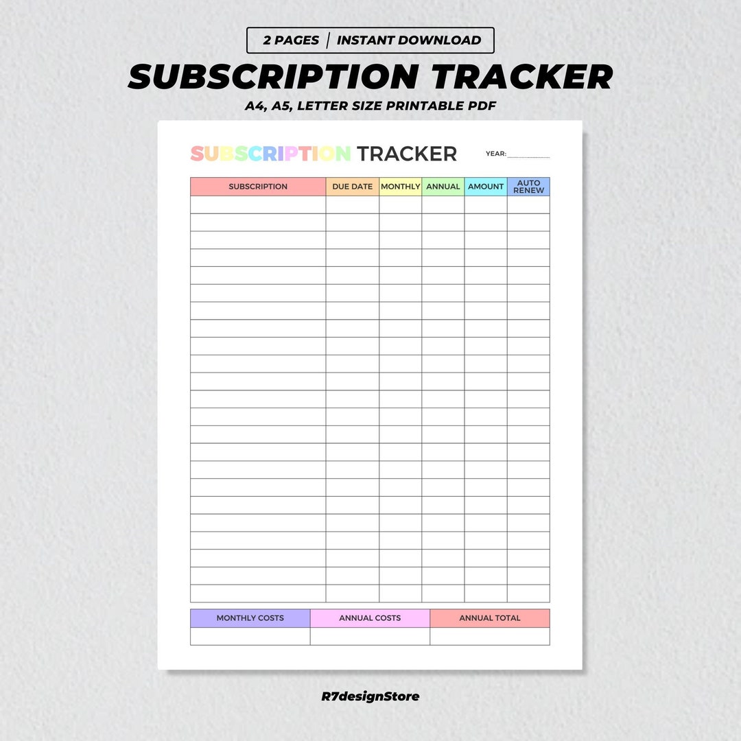 Subscription Tracker Printable, Monthly Subscription Checklist ...