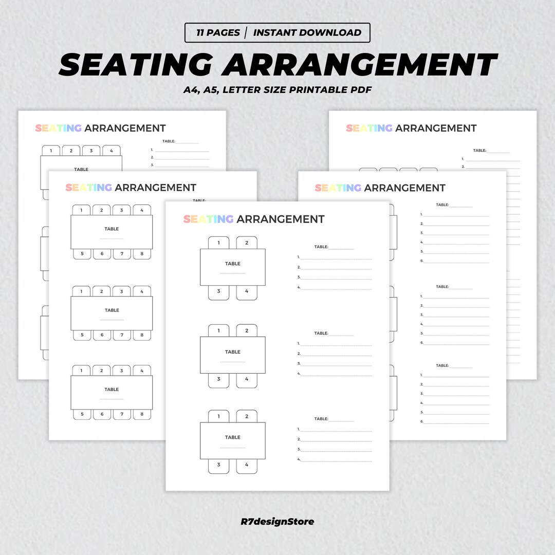 Wedding Table Seating Chart Printable, Rectangle Table Seat Planner ...