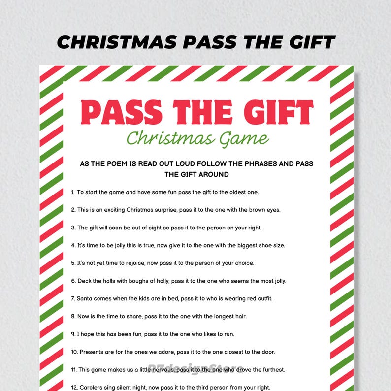 Christmas Pass the Gift Game Printable, Pass the Prize Quiz, Left Right ...