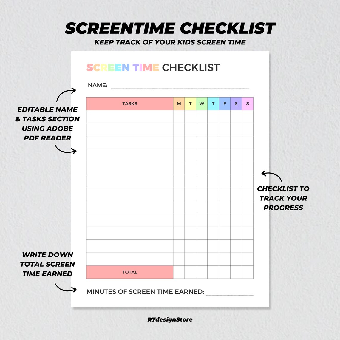 Kids Screen Time Checklist Printable Weekly Chore Chart Earn - Etsy