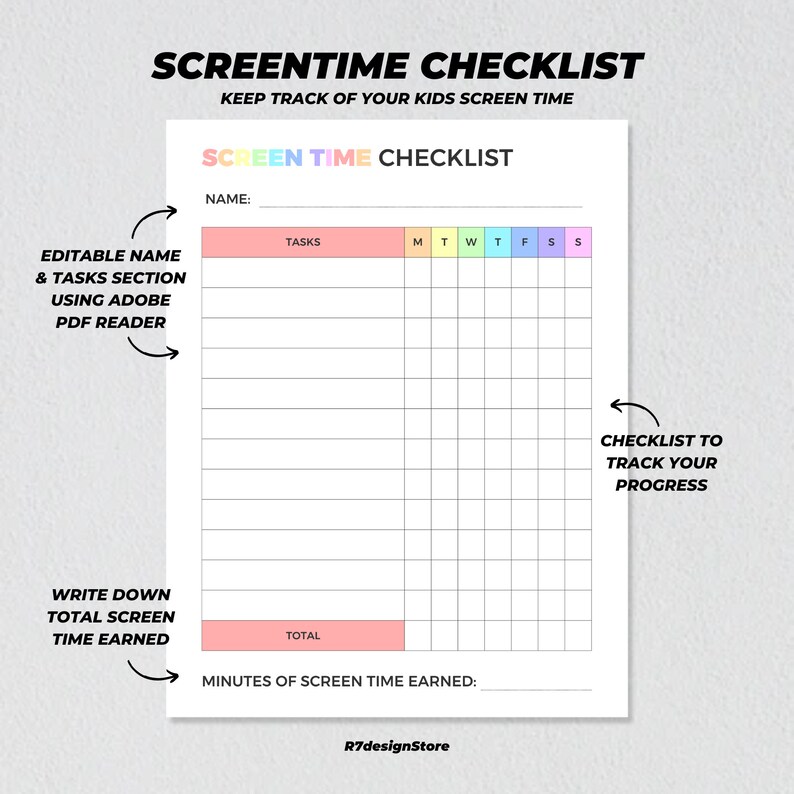 Kids Screen Time Checklist Printable, Weekly Chore Chart, Earn Screen Time, Colorful Children ...