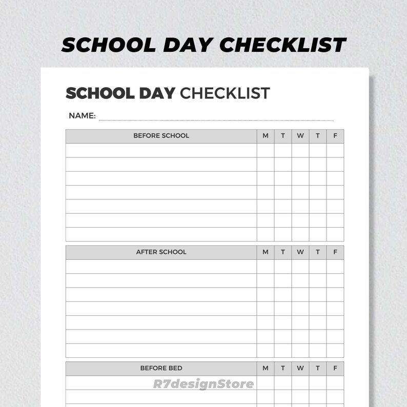 School Day Checklist Printable, Kids Daily Chore Chart Tracker ...