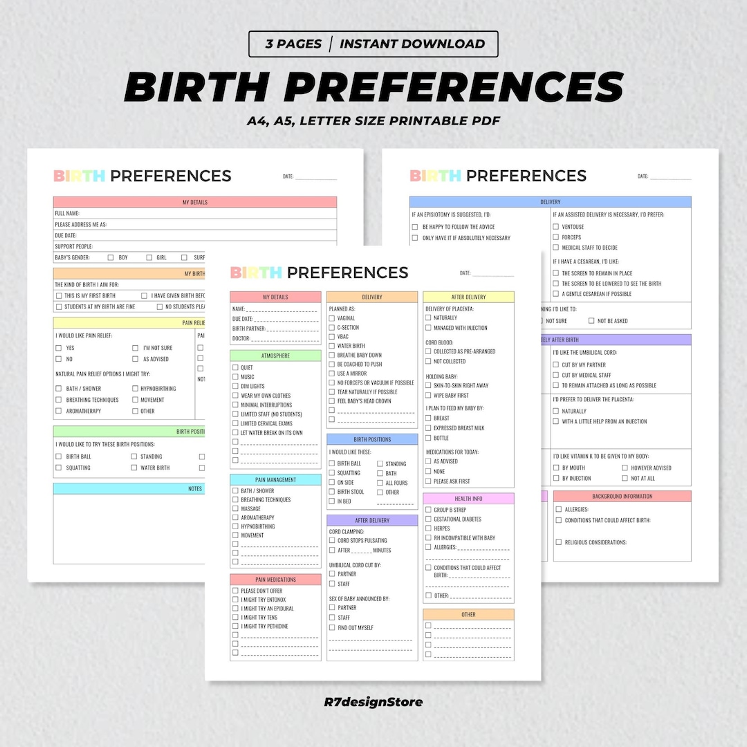 Birth Preference Printable, Birth Plan Checklist, Natural Birth Plan ...