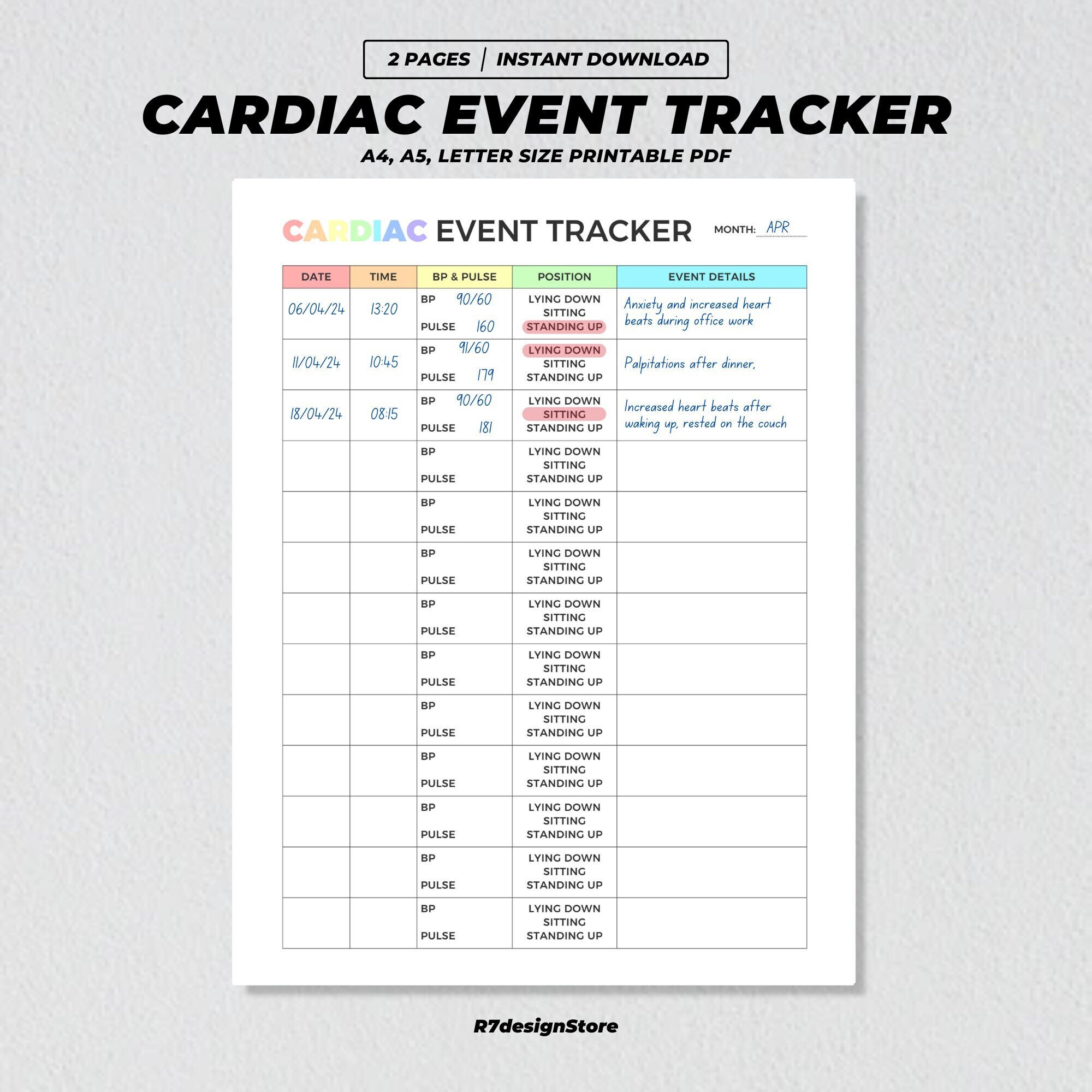 Cardiac Event Tracker Printable, Cardiac Event Report, Dysautonomia Log ...