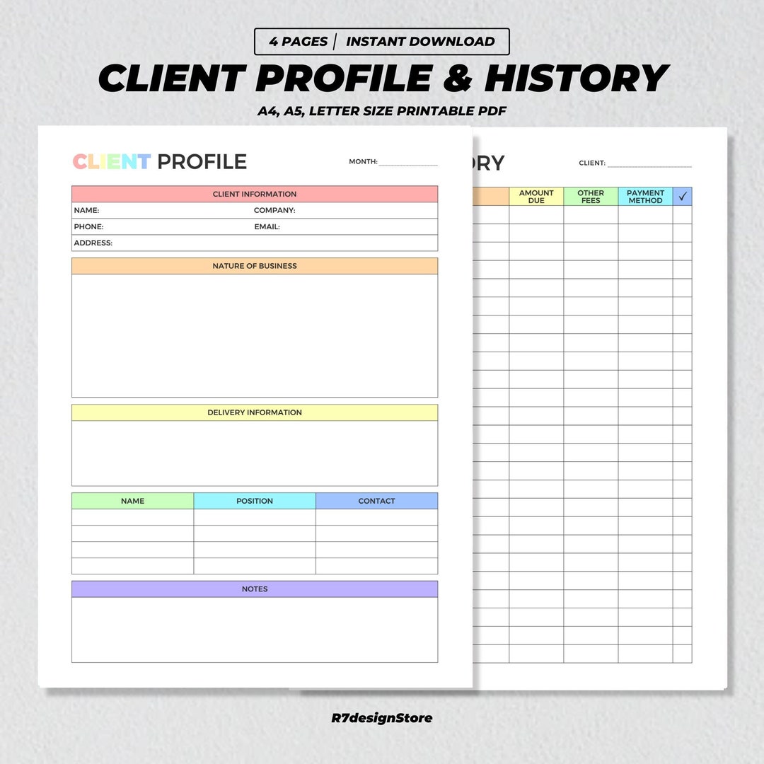 Client Profile & History Printable, Small Business Client Form, Client ...