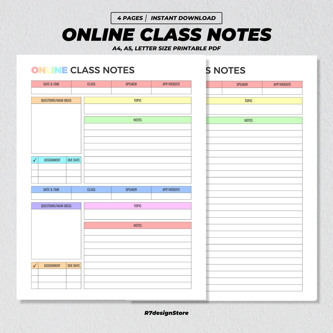 Online Class Notes Printable, Daily Student Study Tracker, School ...