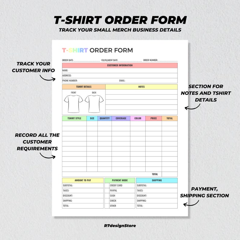 T-shirt Order Form Printable, Small Business Order Template, Custom ...
