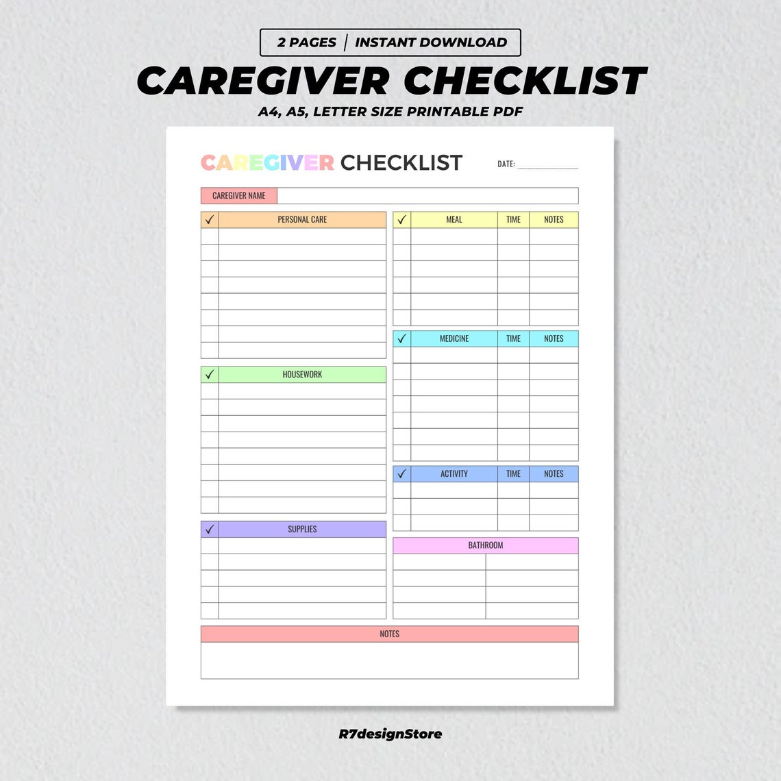 Caregiver Checklist Printable, Elderly Care Planner, Daily Caregiving ...