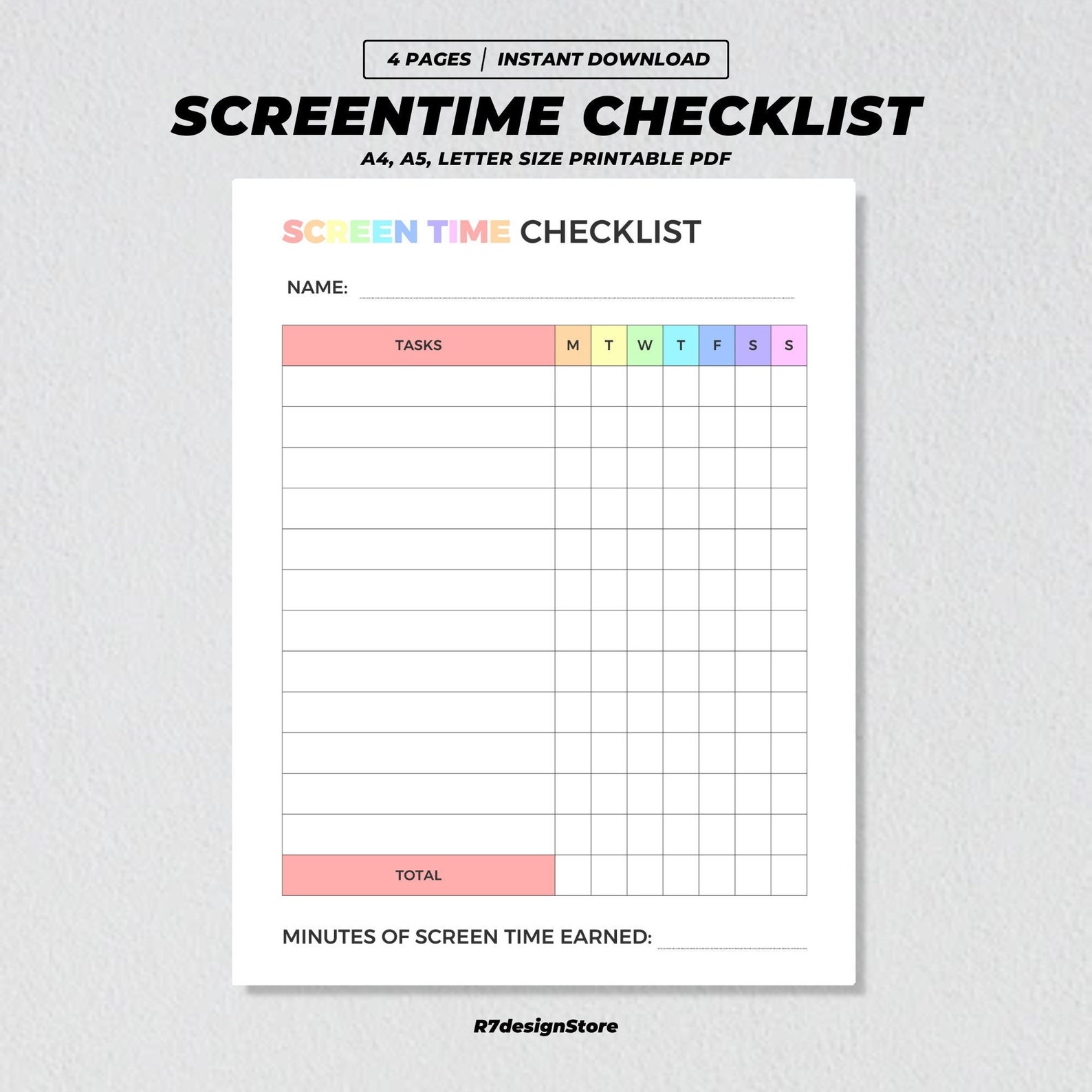 Buy Kids Screen Time Checklist Printable, Weekly Chore Chart, Earn ...