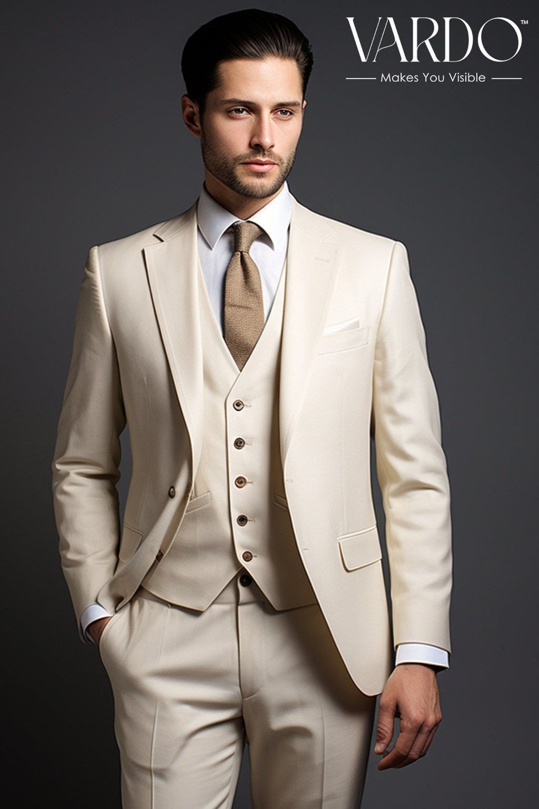 Men's Cream Three-piece Suit Elegant Formal Wear Tailored Suit-the ...