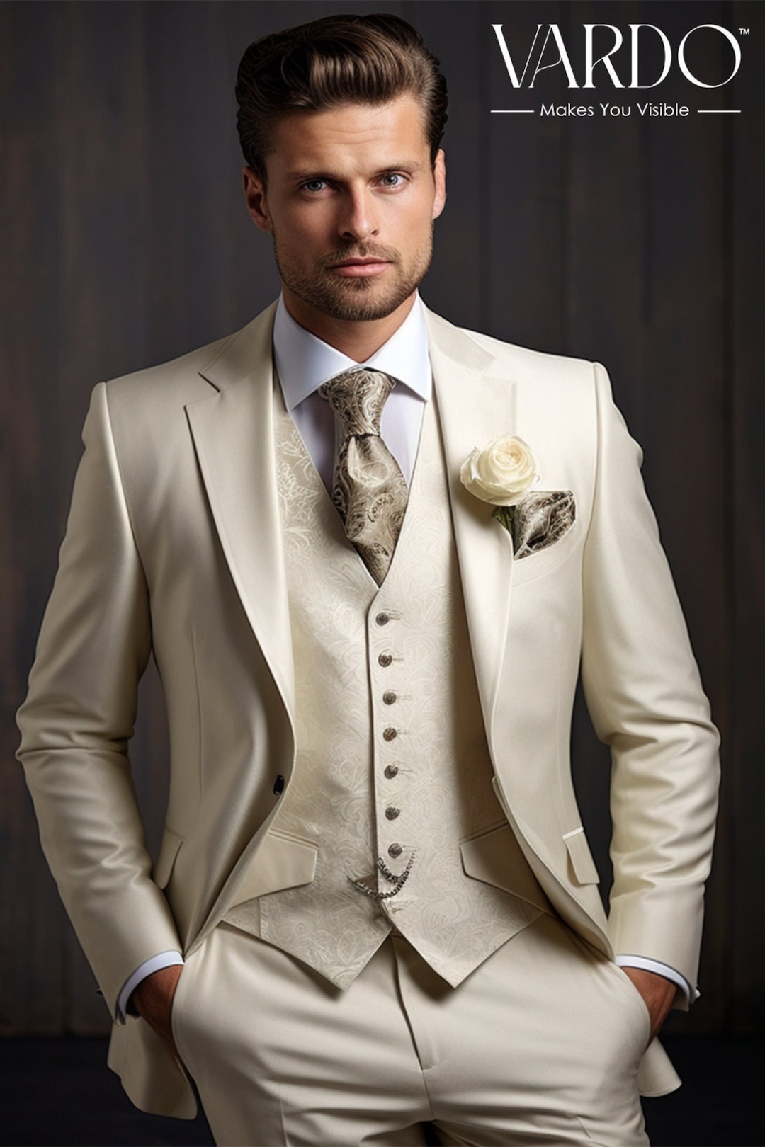 Classic Elegance: Men's Cream Tuxedo Suit Tailored Suit-the Rising Sun ...