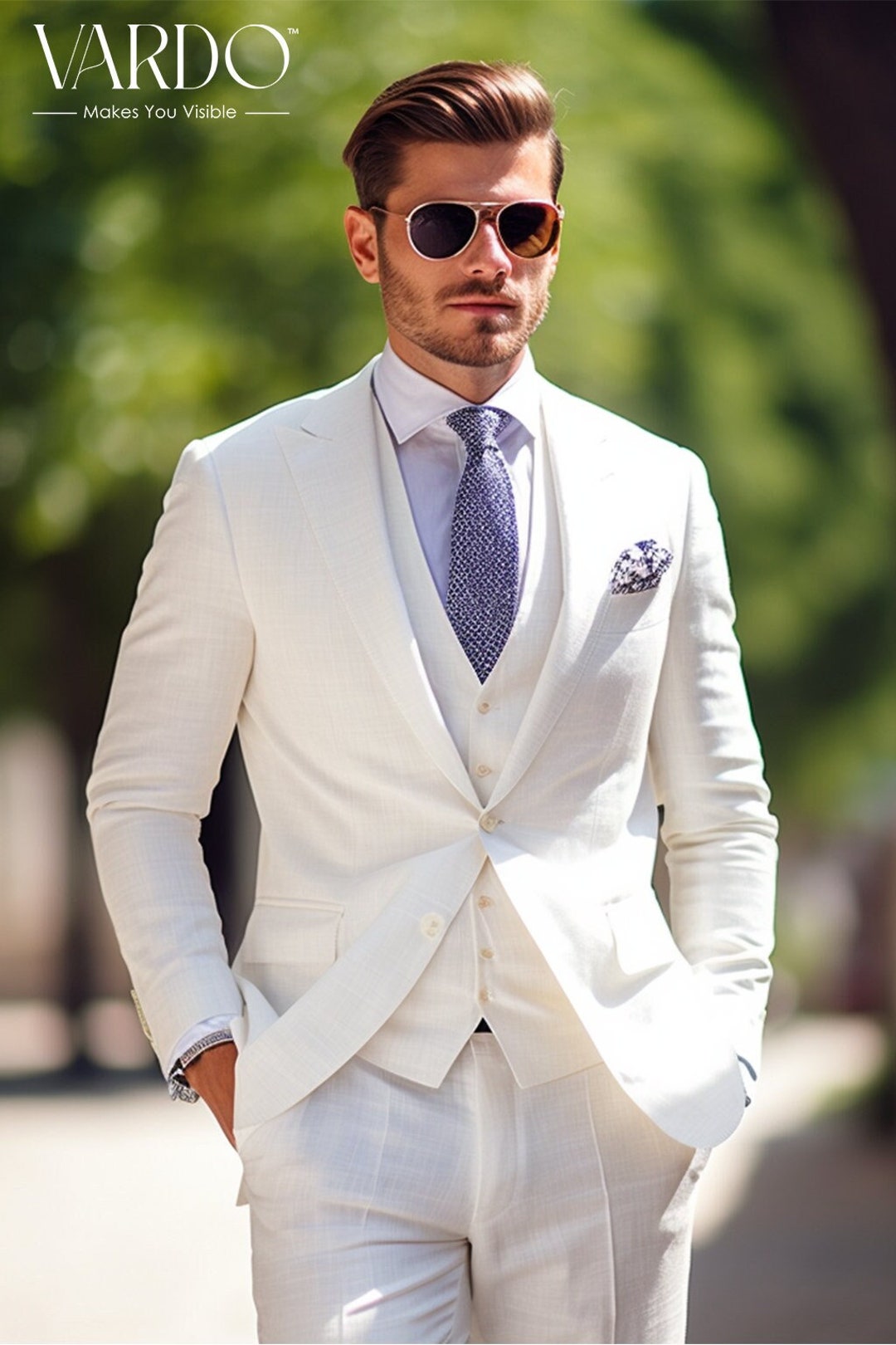 Handcrafted Tailoring White Linen Three Piece Business Suit for Men ...