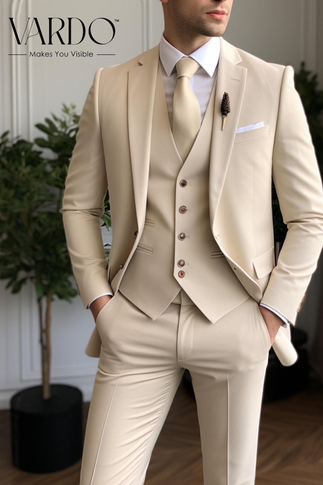Classic Beige Three-piece Suit for Men Elegant Tailoring, Versatile Style, the Rising Sun Store ...