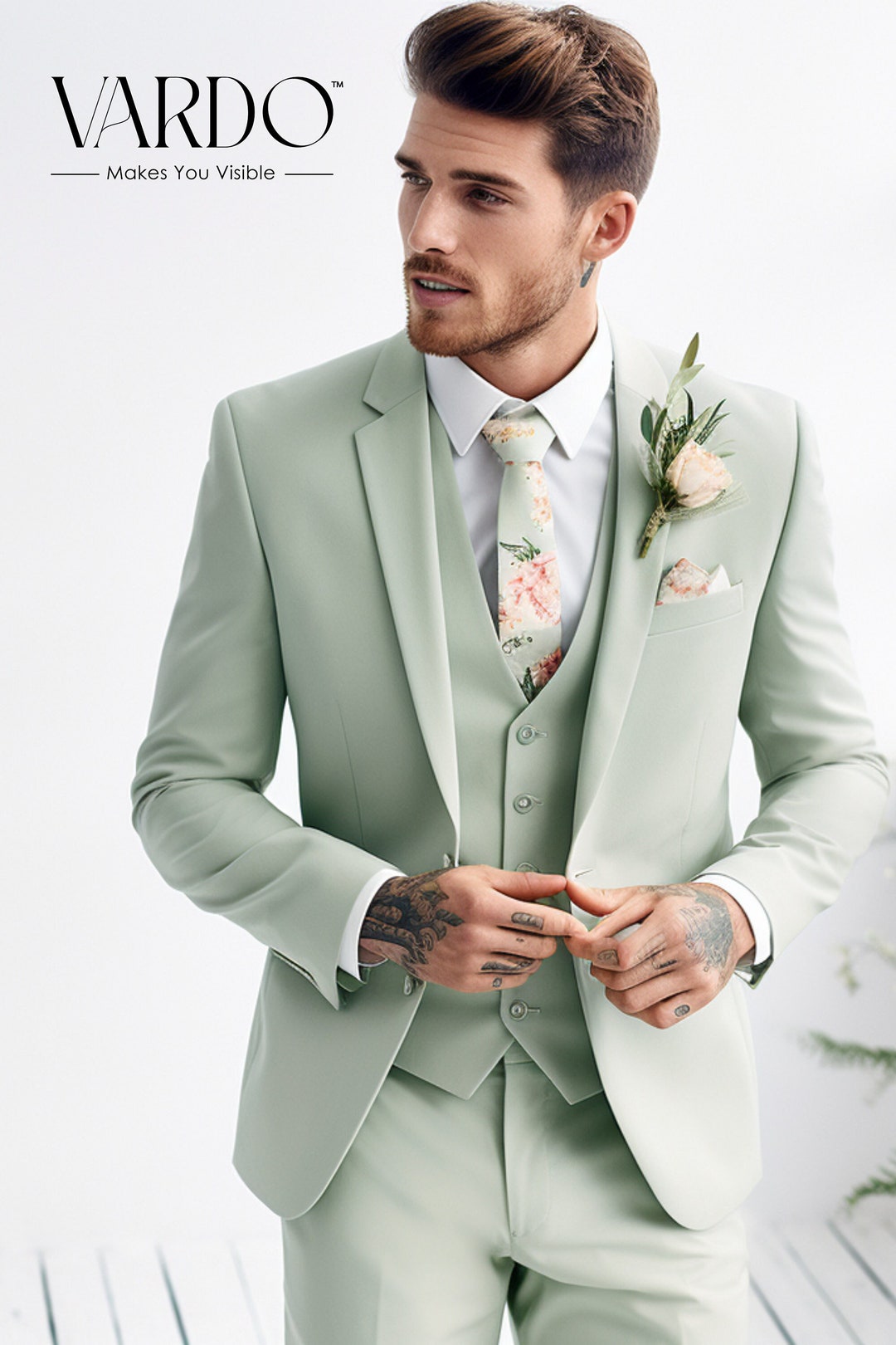 Distinguished Sage Green 3-piece Suit - Men's Notch Lapel - Premium ...
