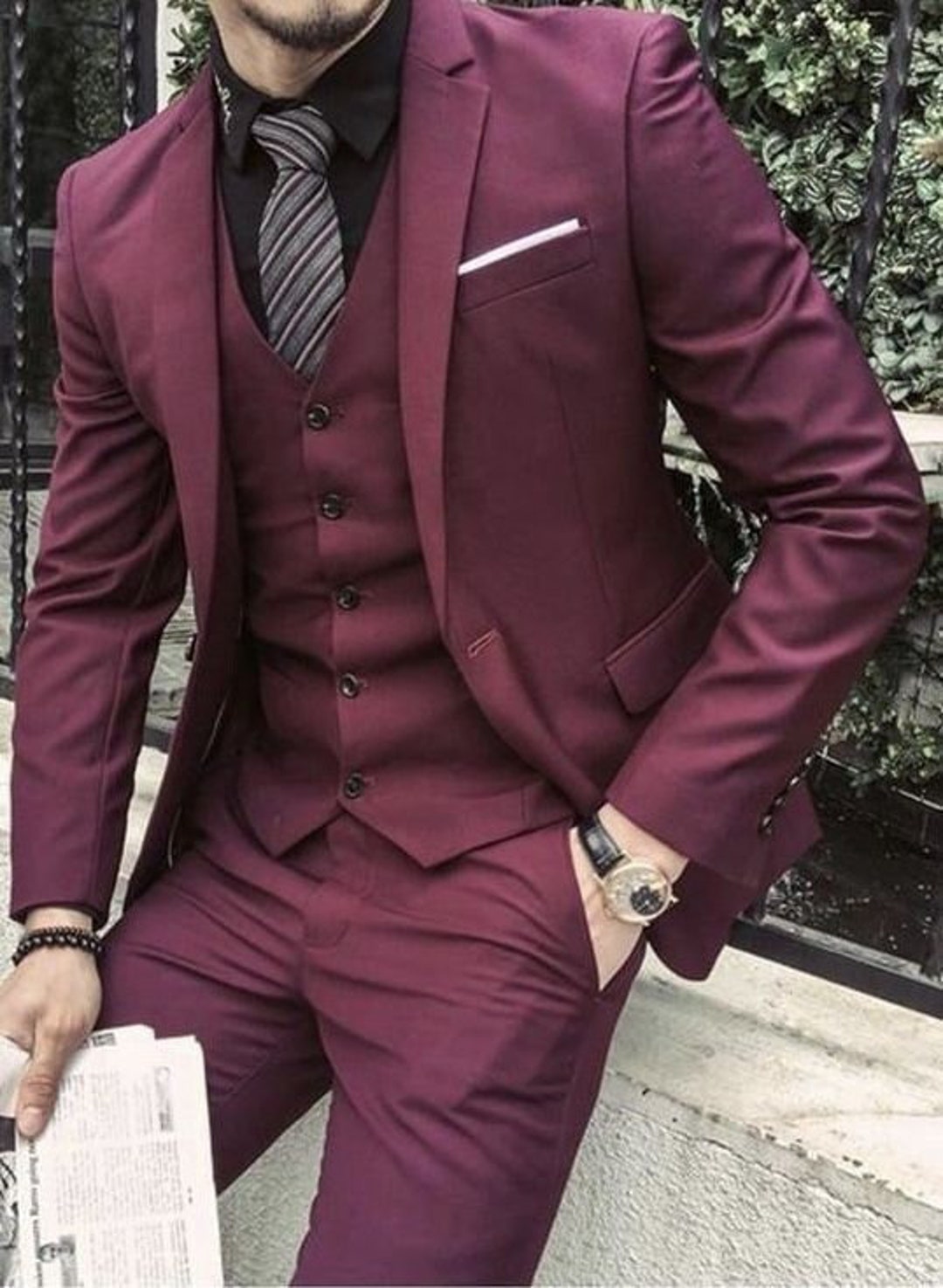 Suits for Men Burgundy, Men Suits 3 Piece, Slim Fit Suits, One Button ...