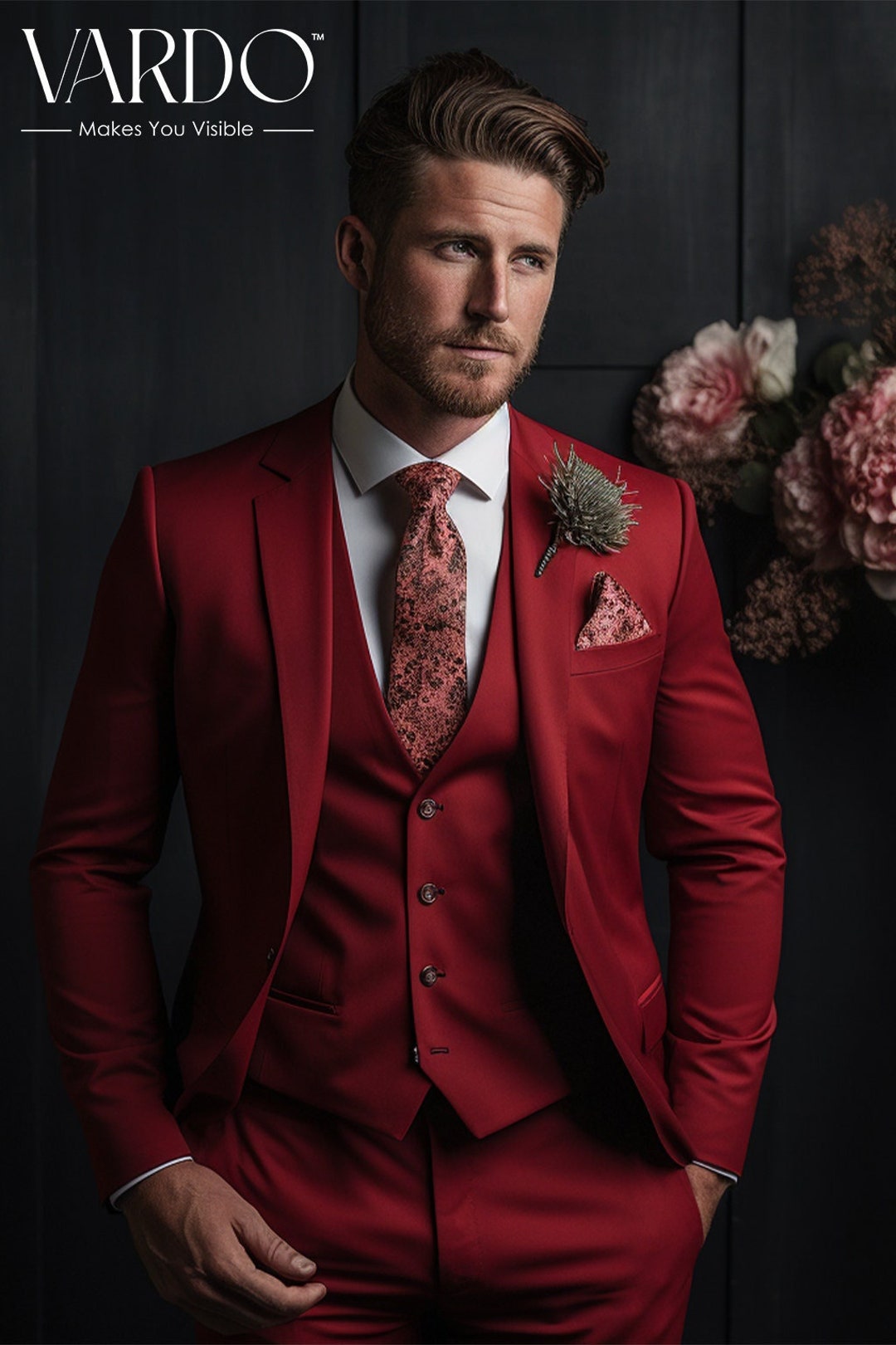 Timeless Elegance: Men's Red Three-piece Suit Classic Formal Wear ...