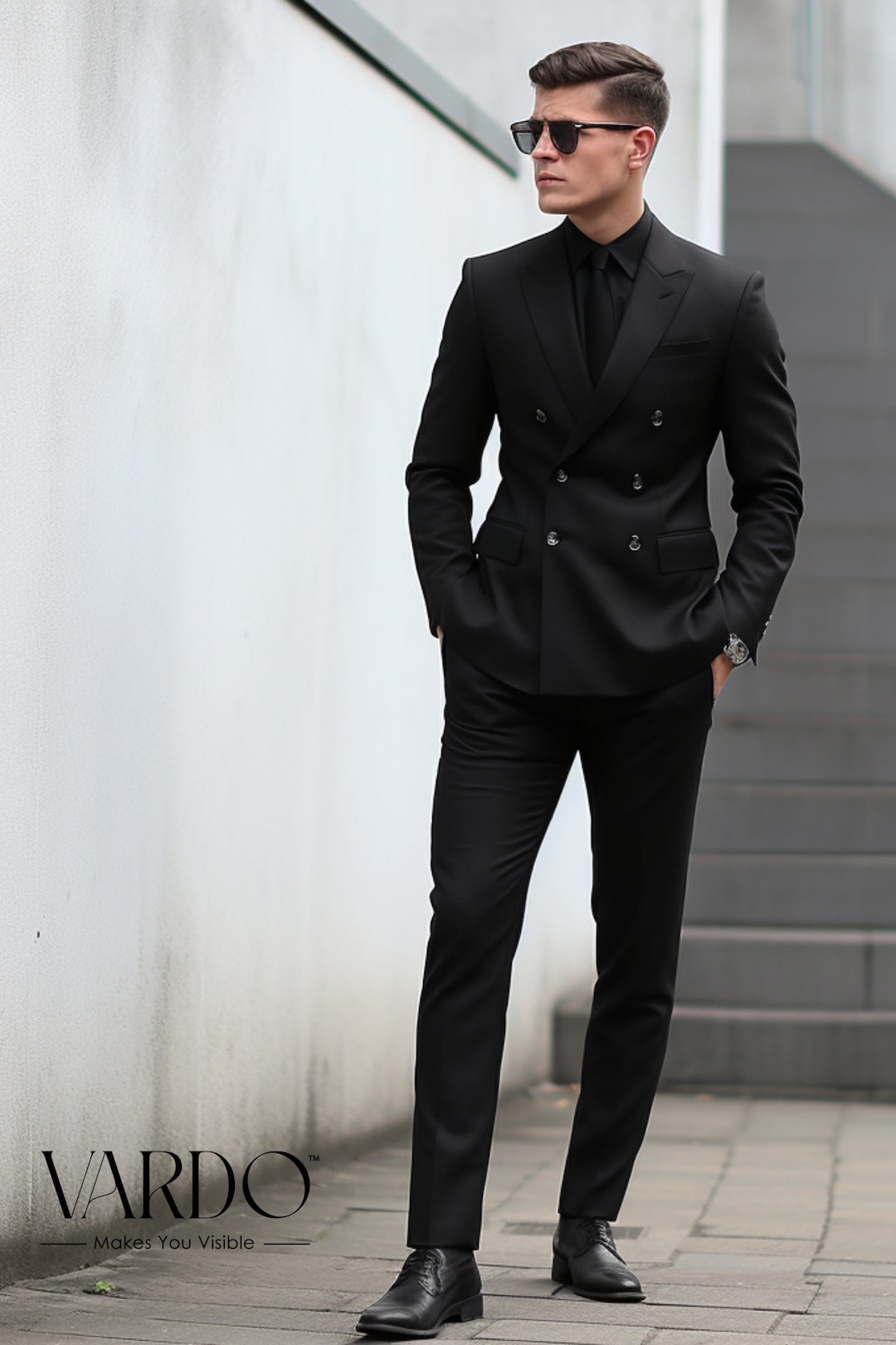Men's Black Double-breasted Suit - Sophisticated Tailored Fit - Modern ...