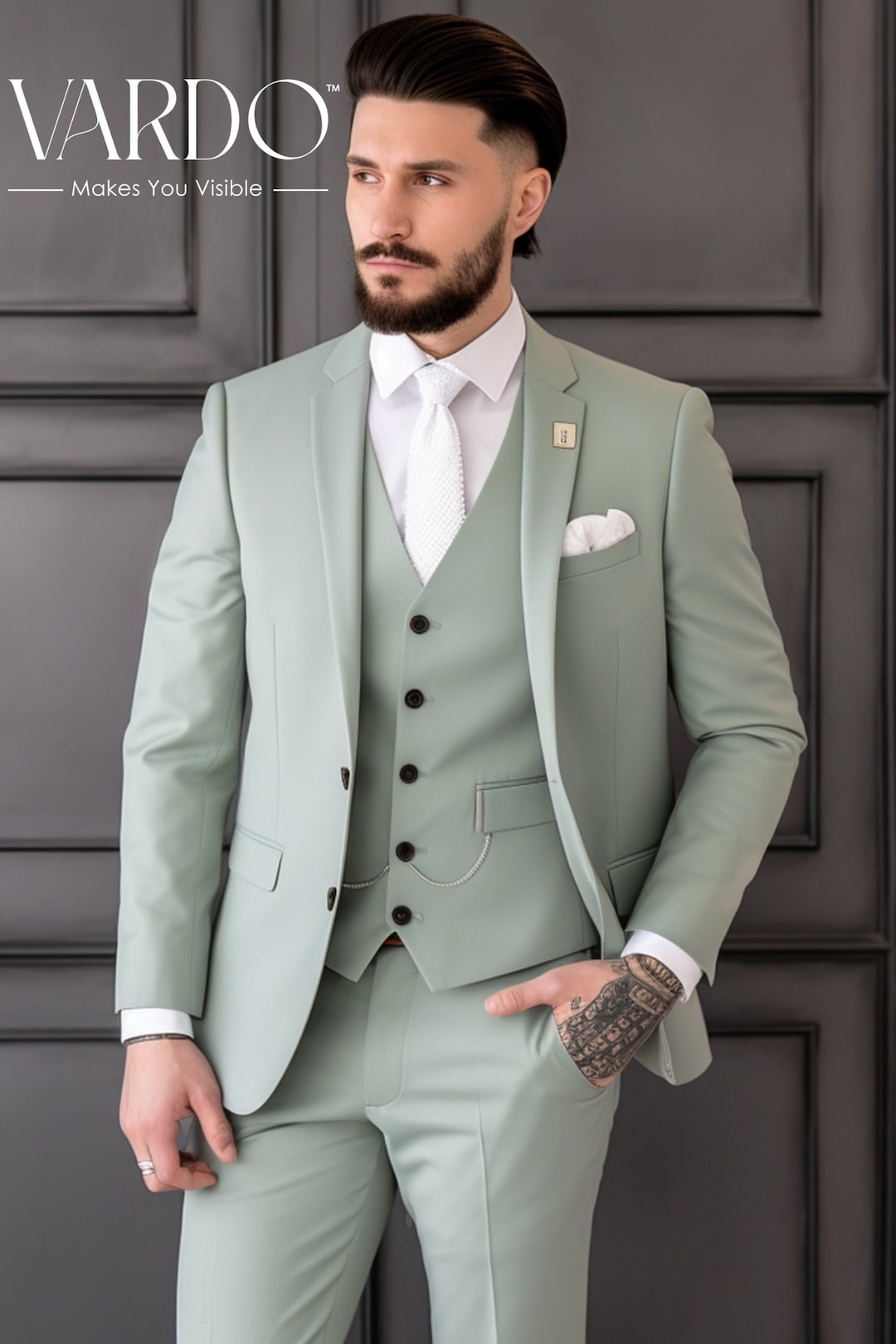 Men's Sage Green Slim Fit Three-piece Suit - Wedding, Prom, Business ...