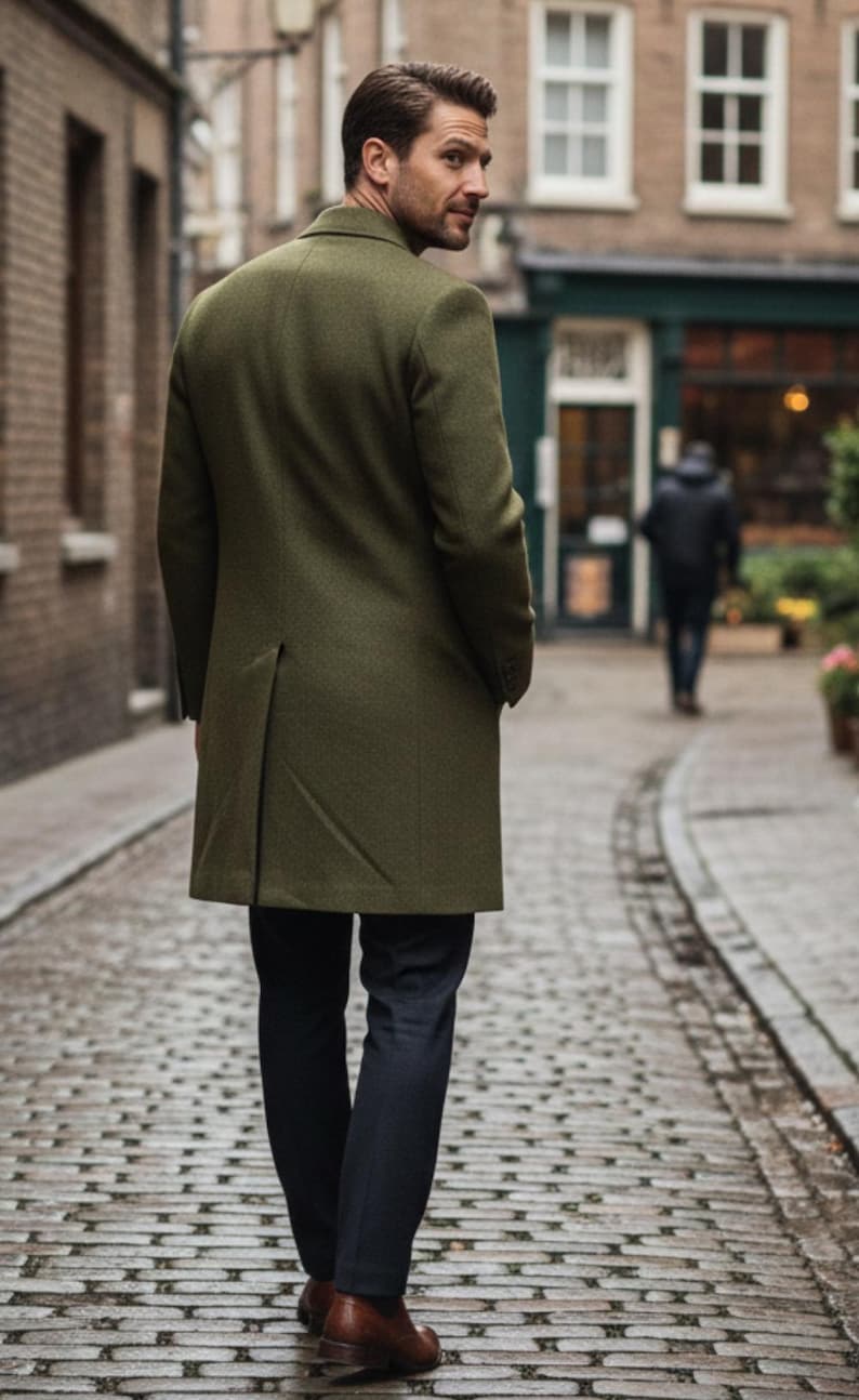 Olive Green Wool Overcoat for Men – Tailored Winter Long Coat, Formal ...
