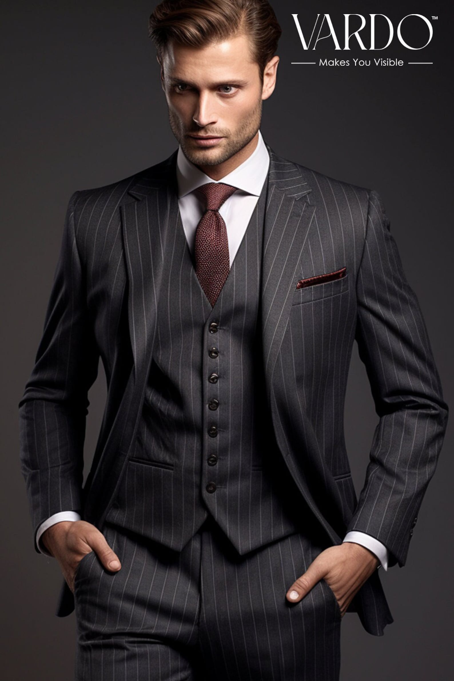 Terno masculino de três peças cinza escuro com risca de giz – Corte ...