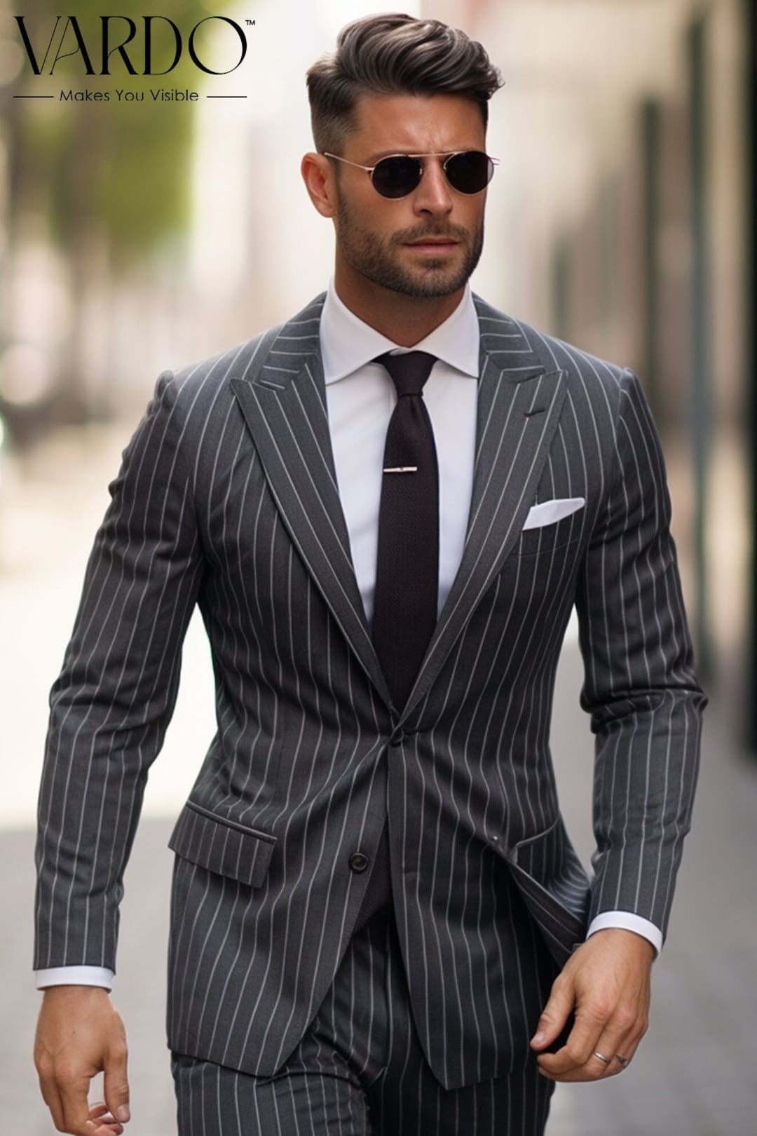 Terno listrado cinza escuro elegante: clássico formal de duas peças ...