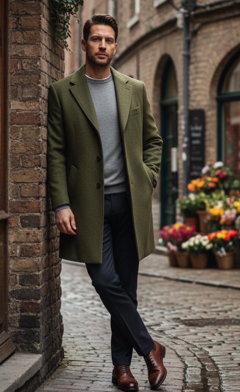 Olive Green Wool Overcoat for Men – Tailored Winter Long Coat, Formal ...