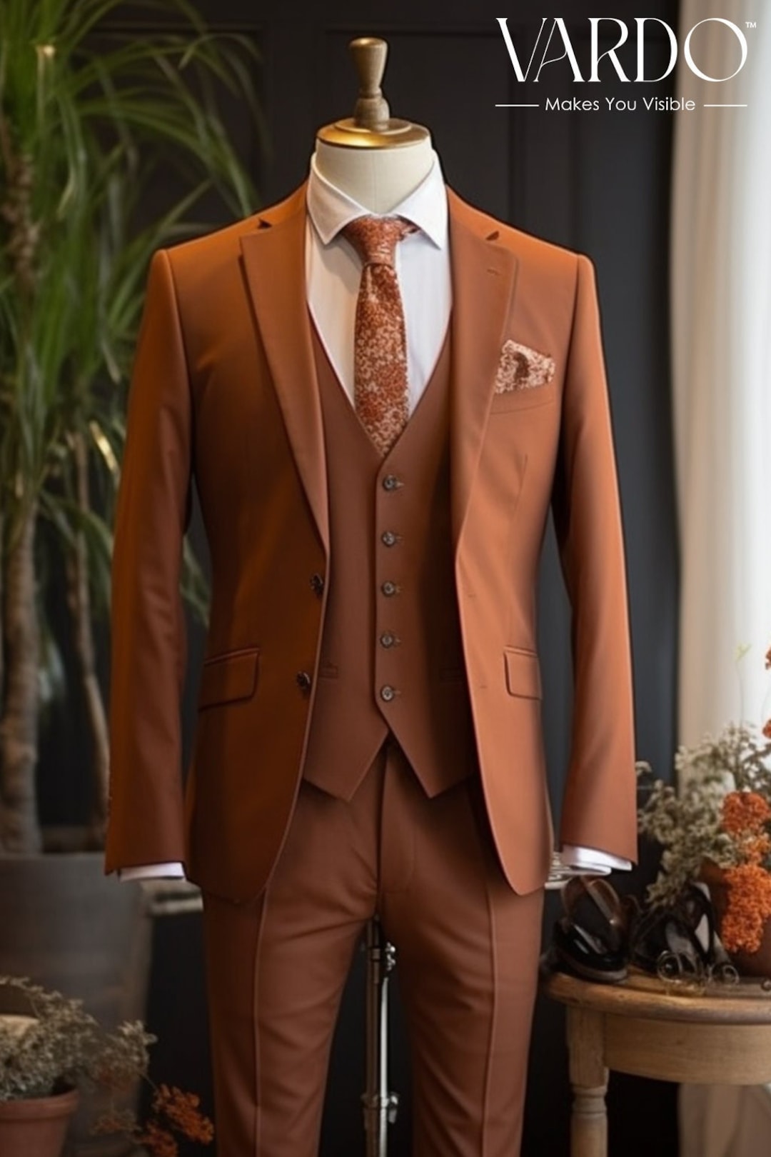 Premium Rust Three-piece Suit for Men- Tailored Fit, the Rising Sun ...