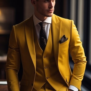 Mustard Yellow Three-piece Suit for Men Tailored Fit, the Rising Sun ...