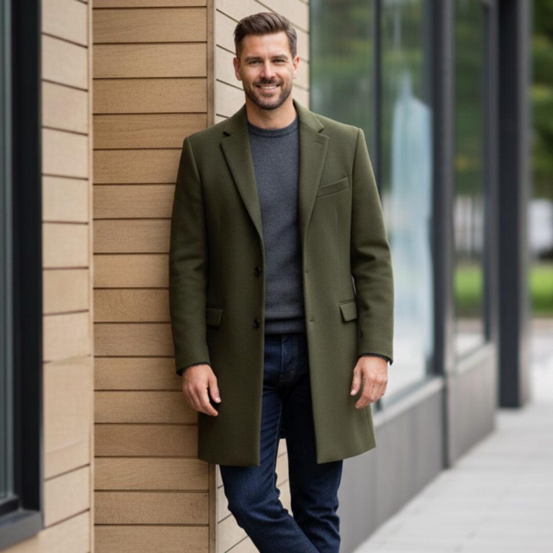 Olive Green Wool Overcoat for Men, Modern Tailored Casual Winter Coat ...