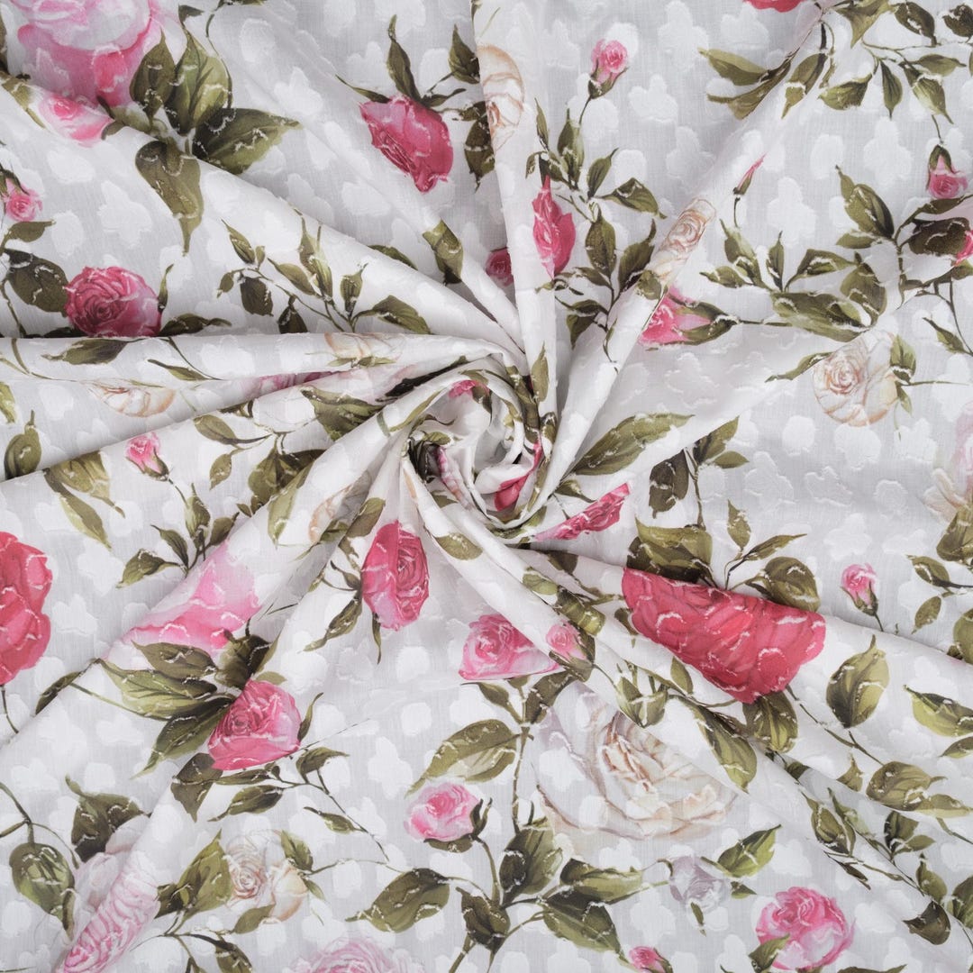Red Rose Fil Coupé Batiste Fabric – Italian Cotton, White Floral Fabric ...