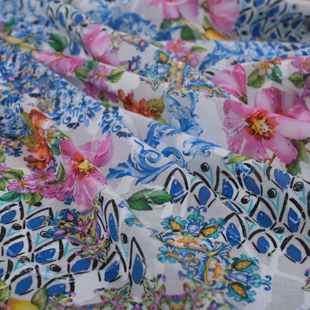 Italian Cotton Fil Coupe Fabric by the Yard Cotton Fabric Floral and ...