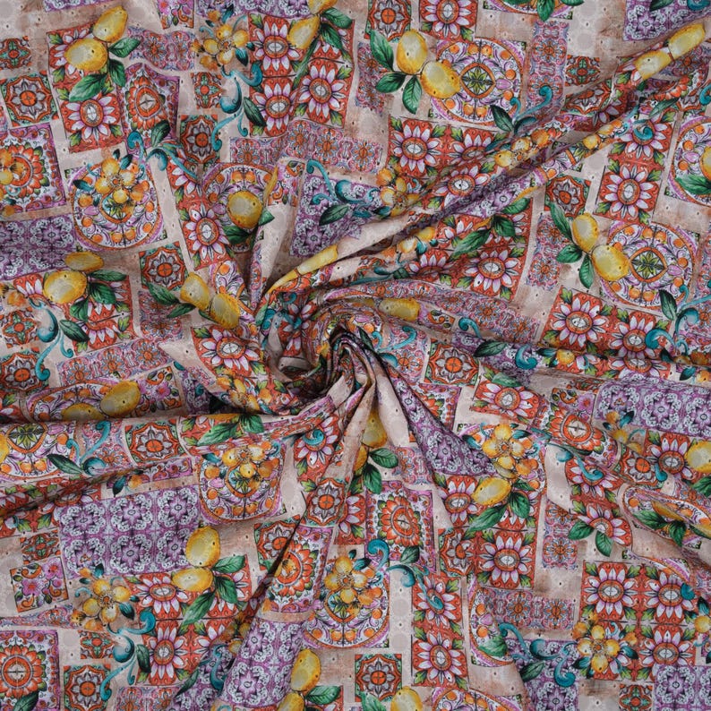 Italian Eyelet Cotton Fabric – Lemon Print & Dense English Embroidery ...
