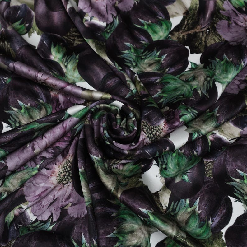Italian Silk Satin Fabric – Violet Flower Print, Designer Dress Fabric ...