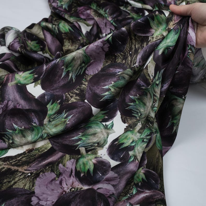 Italian Silk Satin Fabric – Violet Flower Print, Designer Dress Fabric ...