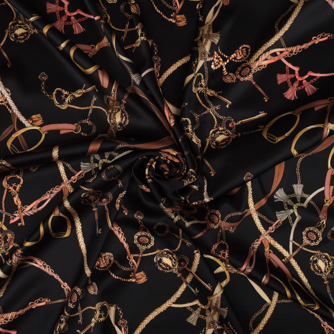 Italian Silk Satin Fabric – Keys and Chains Print Design, Luxury ...