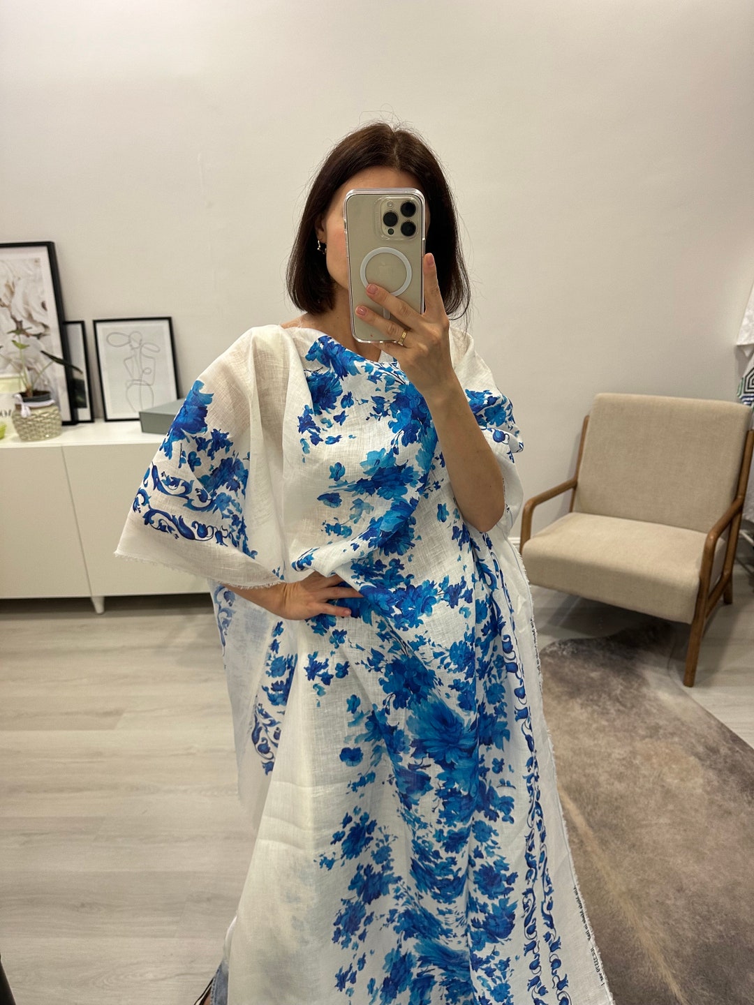 Italian Linen Fabric by the Yard / Blue Flowers Print / Premium ...