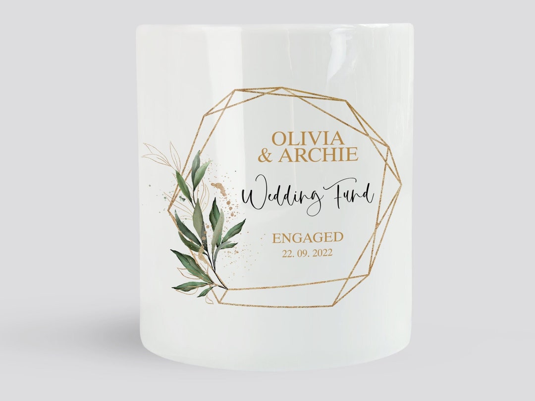 Personalised Wedding Fund Money Box With Floral Gold Wreath Design ...