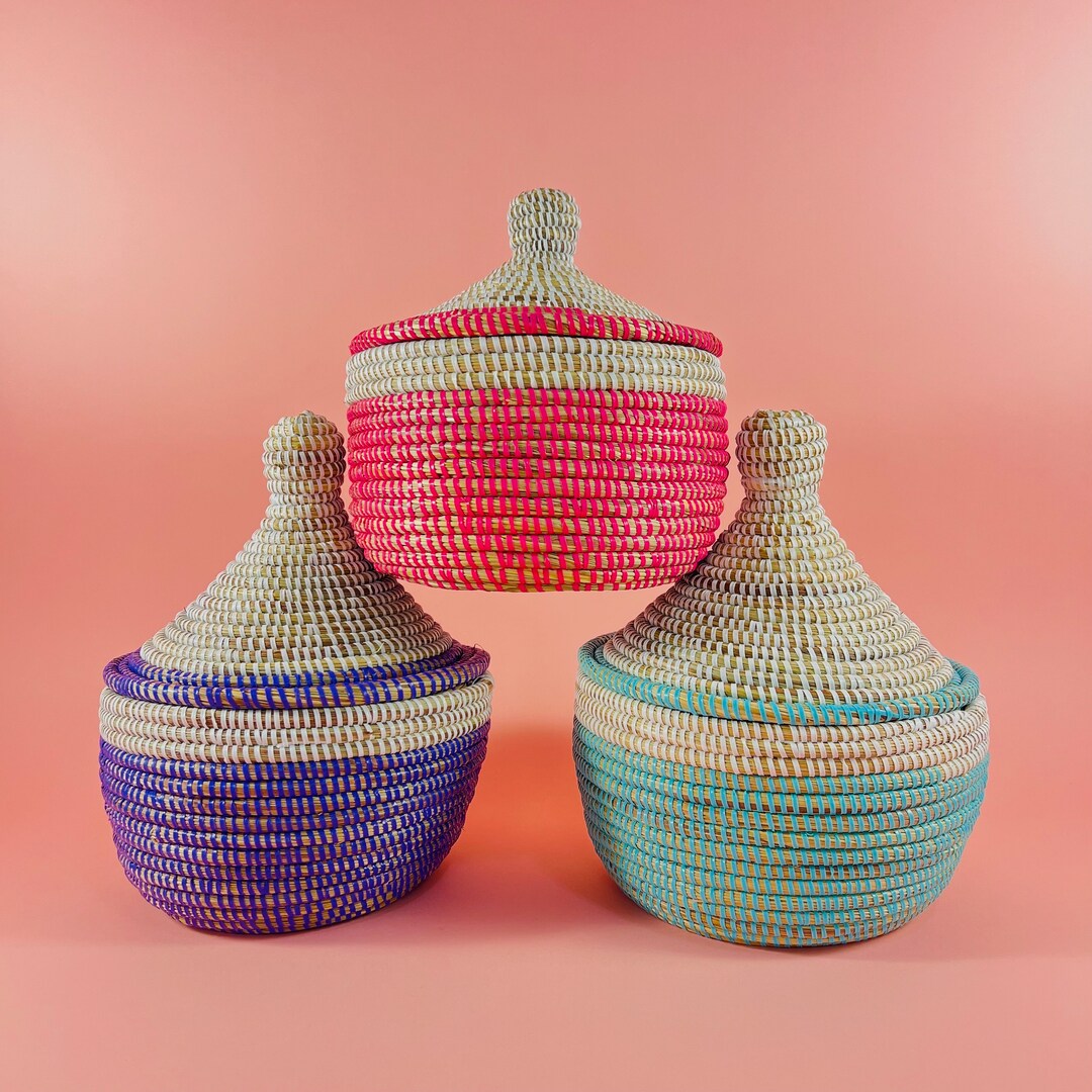 African Basket With Lid, Colorful Basket, Round Basket, Woven Basket ...