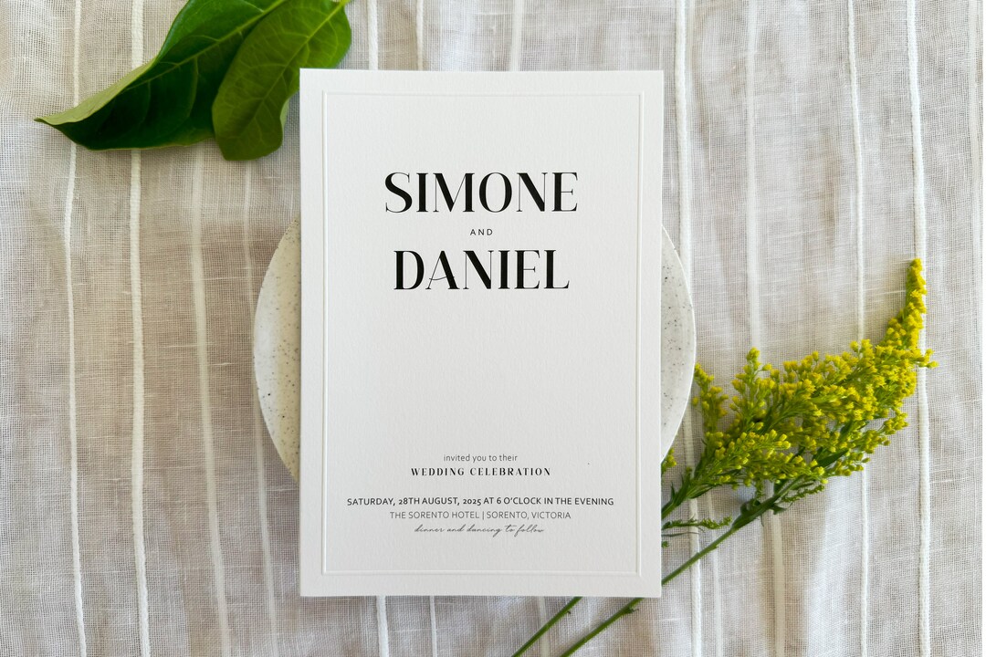 Sleek Embossed Border Wedding Invitations - Elegant Minimalist Design ...