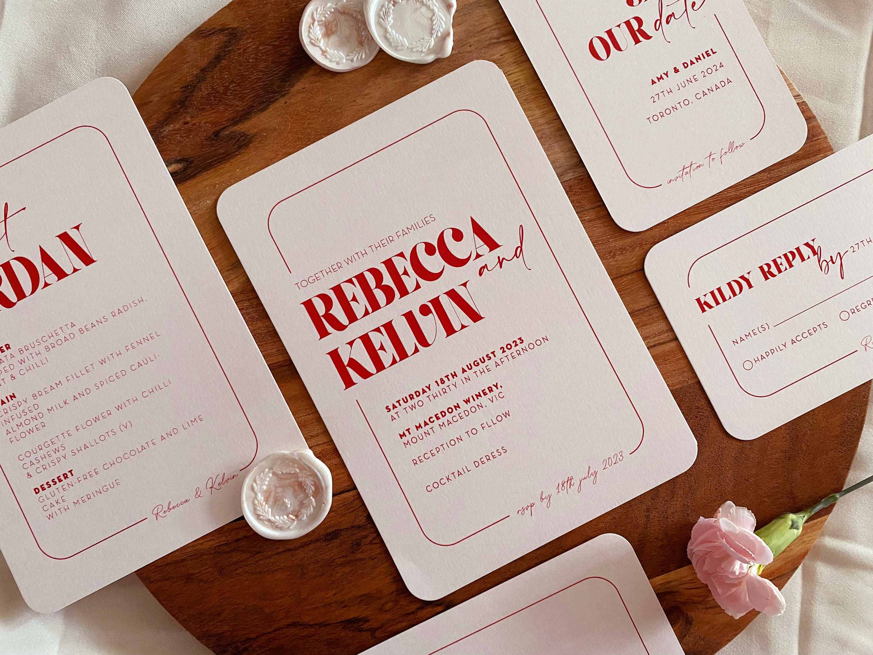 Simple Red Wedding Invitations - Rounded Corners on Blush Card With ...