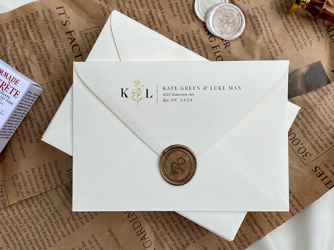 Ivory Banker Envelope + Flower Monogram Style PRINTING (sender & Guest ...