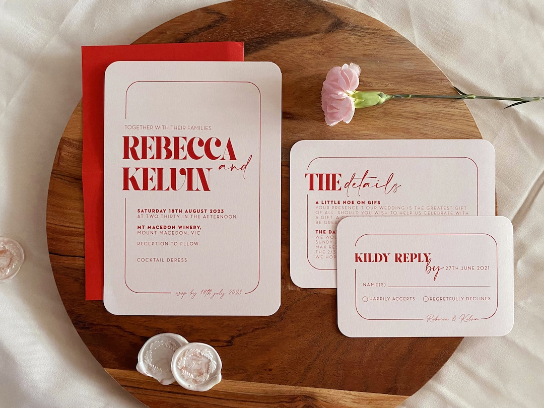 Simple Red Wedding Invitations - Rounded Corners on Blush Card With ...