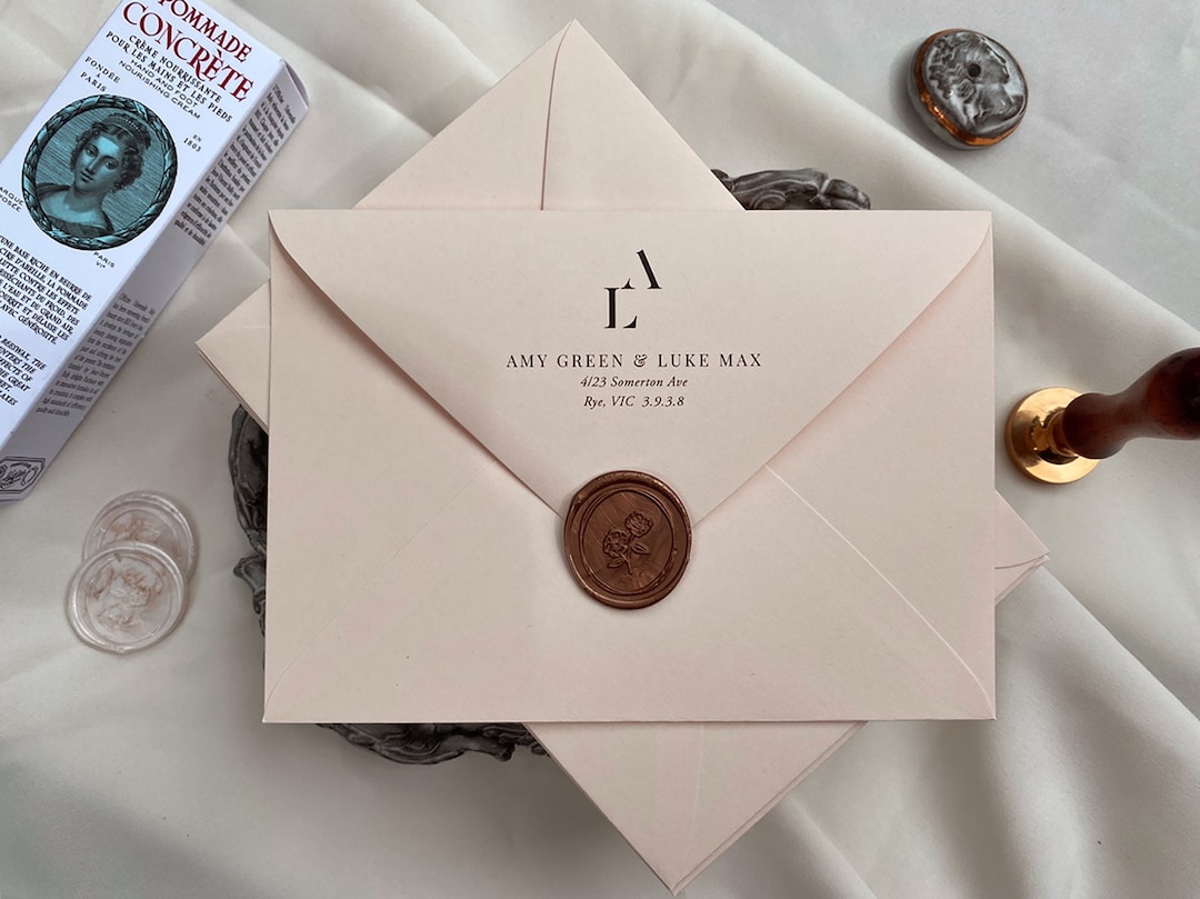 Blush Banker Envelope + Simple Monogram Style PRINTING (sender & Guest ...