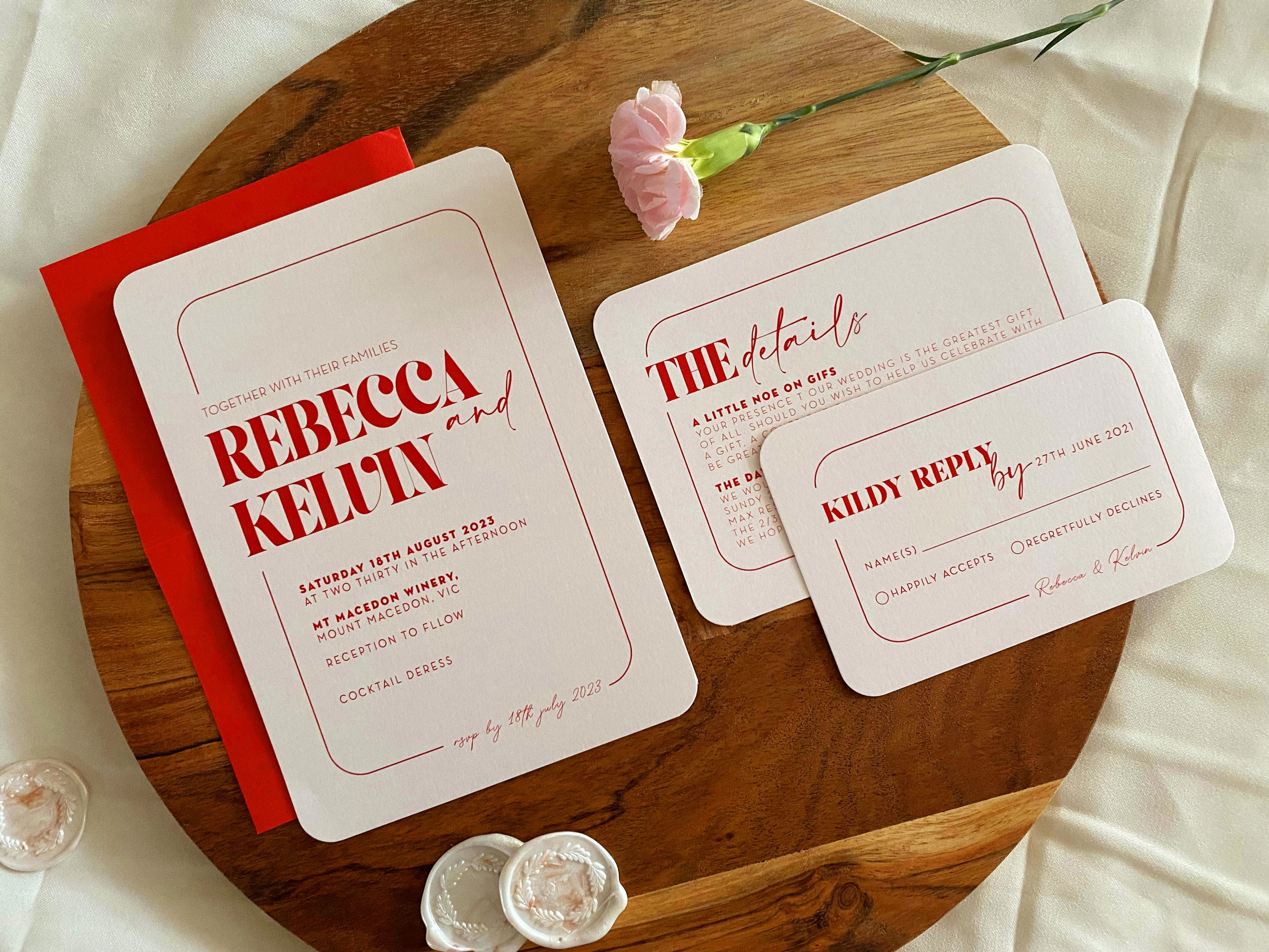 Simple Red Wedding Invitations - Rounded Corners on Blush Card With ...