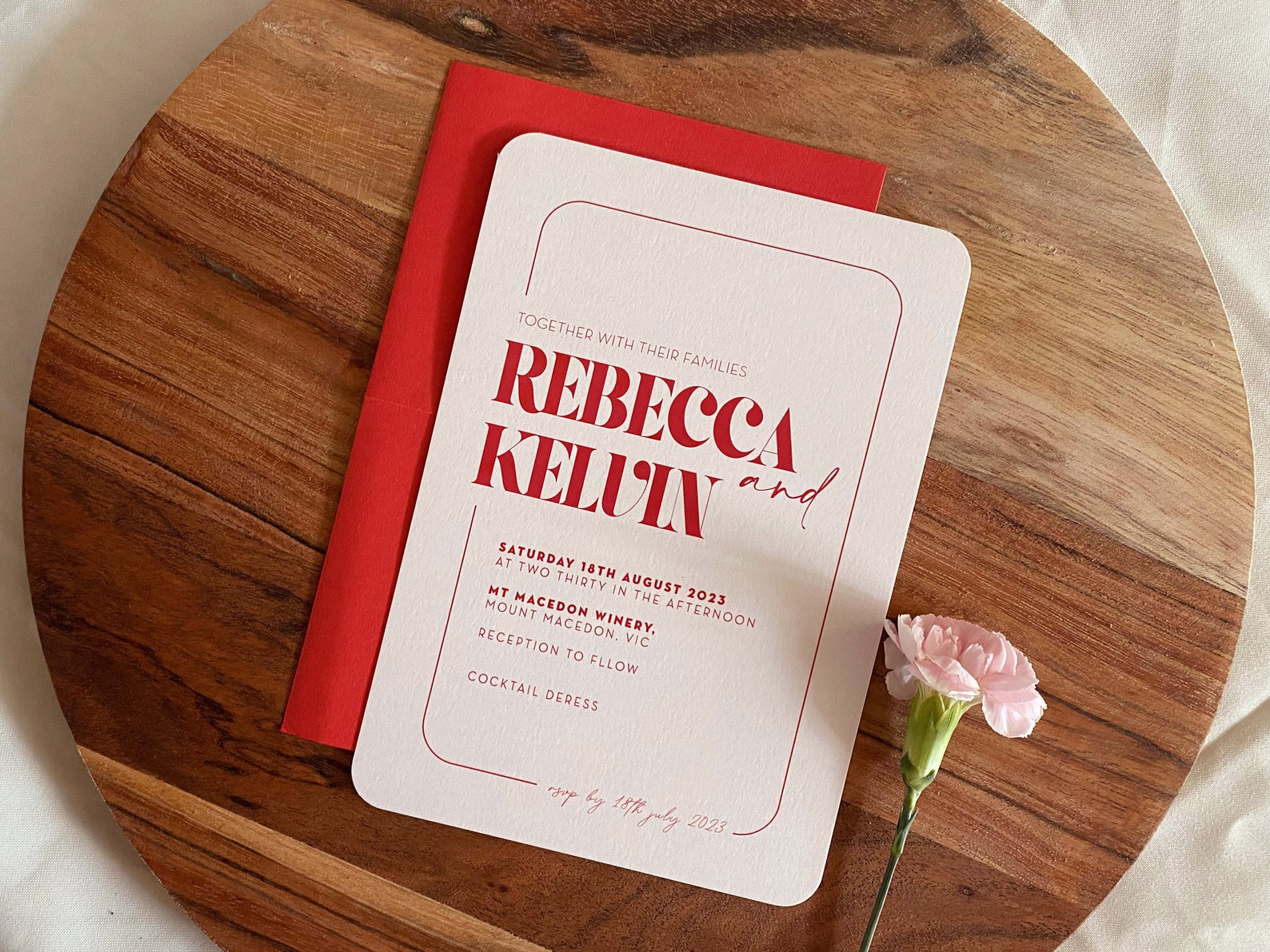 Simple Red Wedding Invitations - Rounded Corners on Blush Card With ...