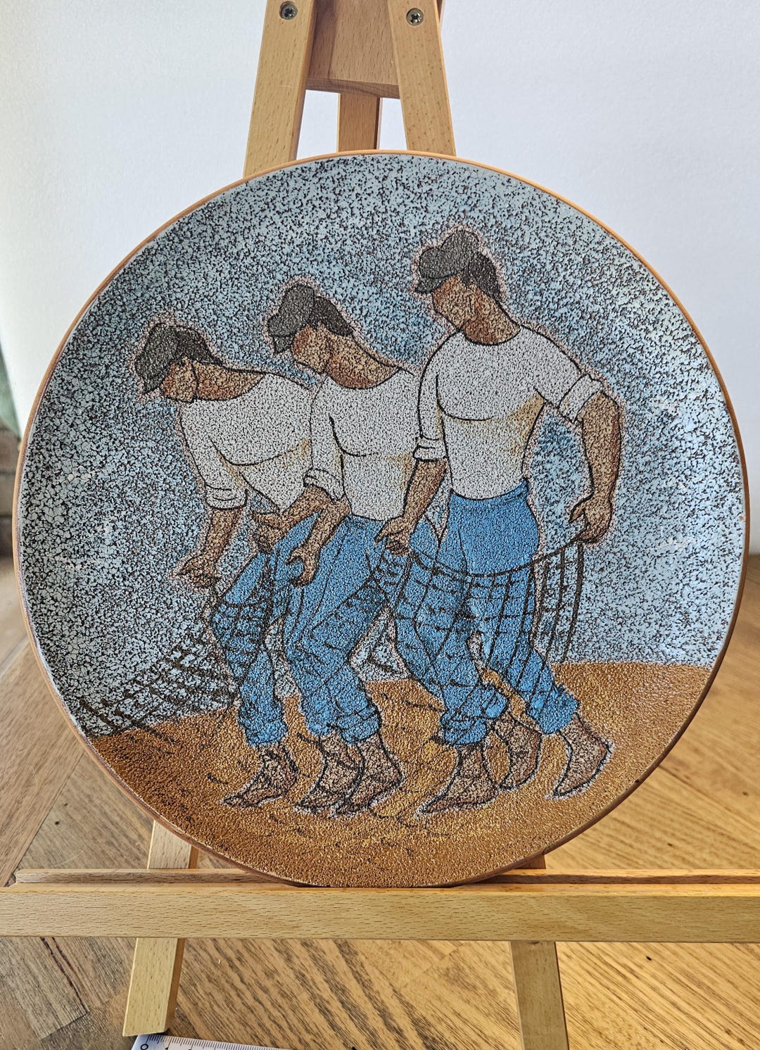 Pebble Glaze Plate Greek Fishermen Signed Vintage 1999 Rare - Etsy